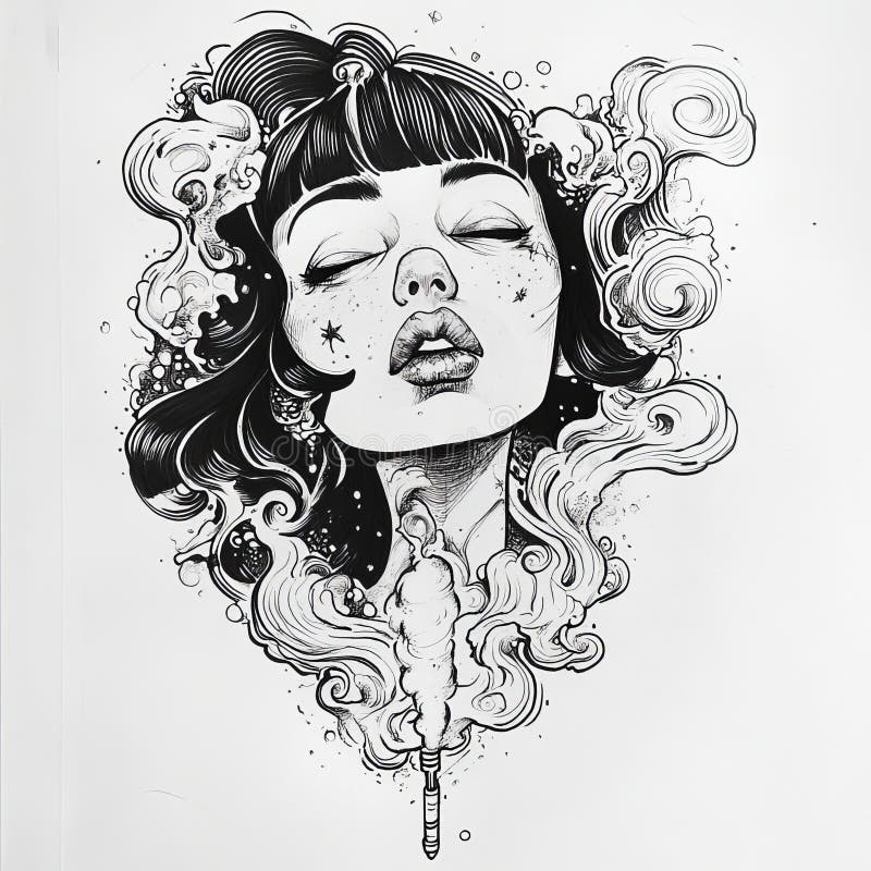 Vector Illustration of a Beautiful Woman Face with Smoke. Hand Drawing ...