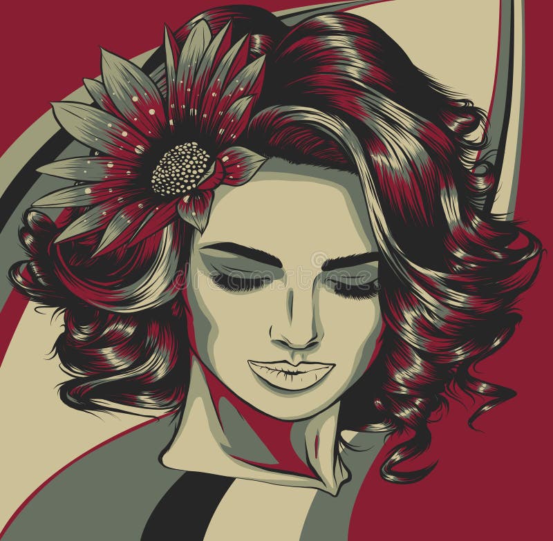 Vector Illustration of Beautiful Young Woman Face with Flower Stock ...