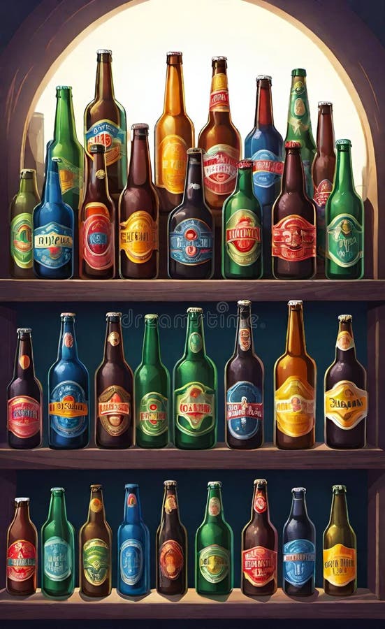 Bottles of Beers with Caps on a Shelf. Stock Illustration ...