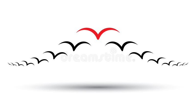 Vector Illustration of Bird Flock: Red Leader Stands Out of Black ...