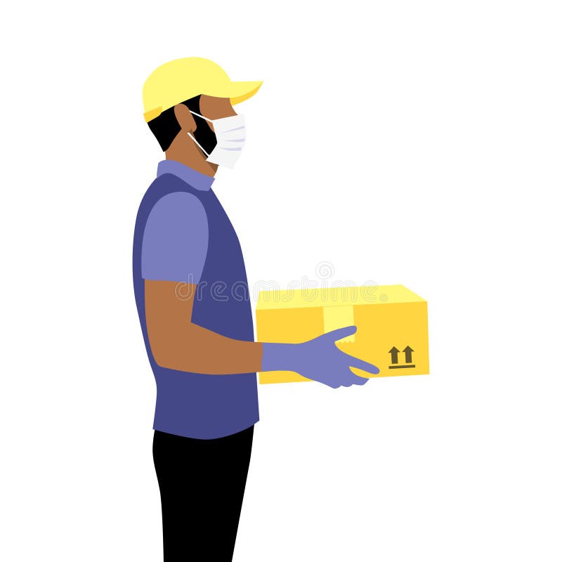 Vector Illustration of Black Afro Courier with Beard in Protective ...