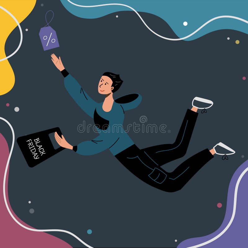 Vector Illustration Black Friday Man with Rush People Jumping for a ...