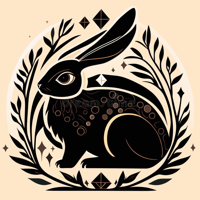 Black Hare Symbol 2023 Year Lie Leaf Lotus. Cute Funny Rabbit Stock ...