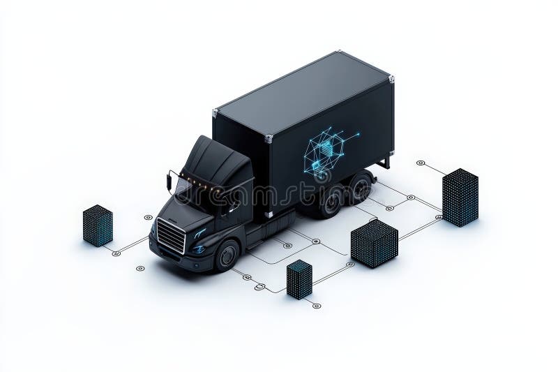 Vector Illustration of a Black Truck with Digital Network Connections ...