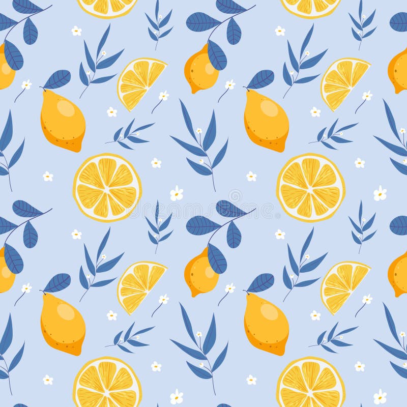 Vector Illustration, Blue Background Pattern with Flowers, Lemons ...