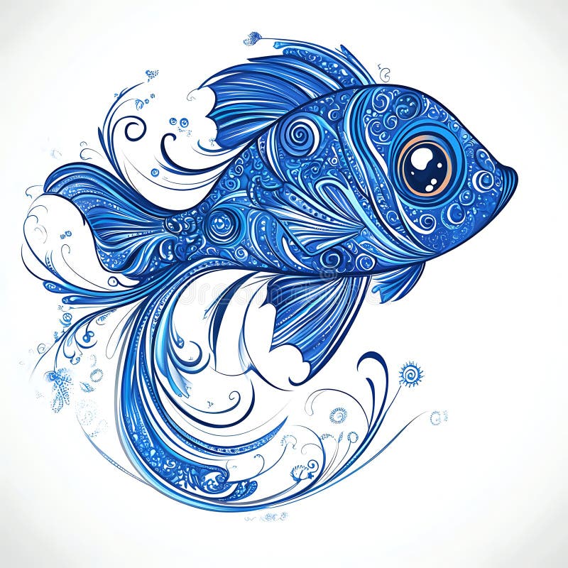 Vector Illustration of a Blue Fish with Intricate Swirls and Patterns ...