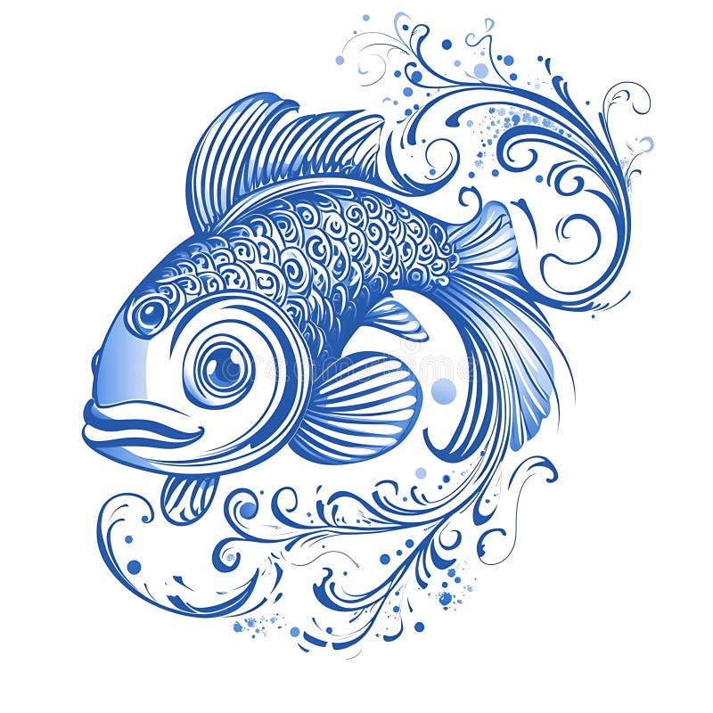 Vector Illustration of a Blue Fish with Intricate Swirls and Patterns ...