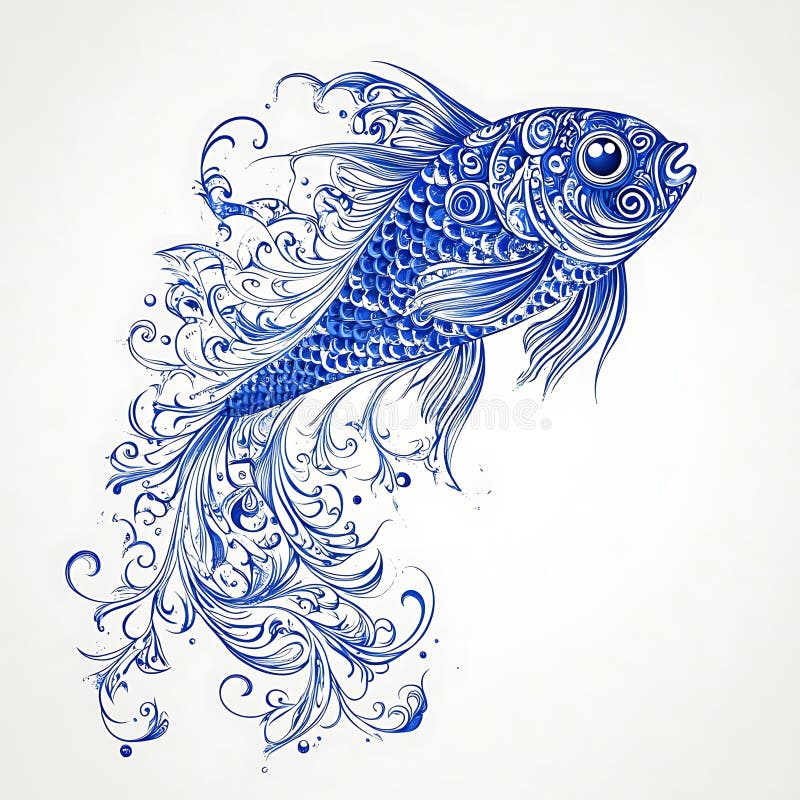 Vector Illustration of a Blue Fish with Intricate Swirls and Patterns ...