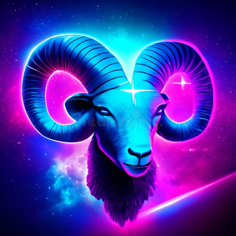 Vector Illustration of a Blue Ram on a Cosmic Background with Neon ...
