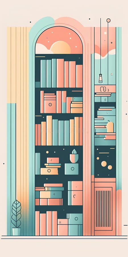 Vector Illustration of Bookshelves with Books and Decorations in Retro ...