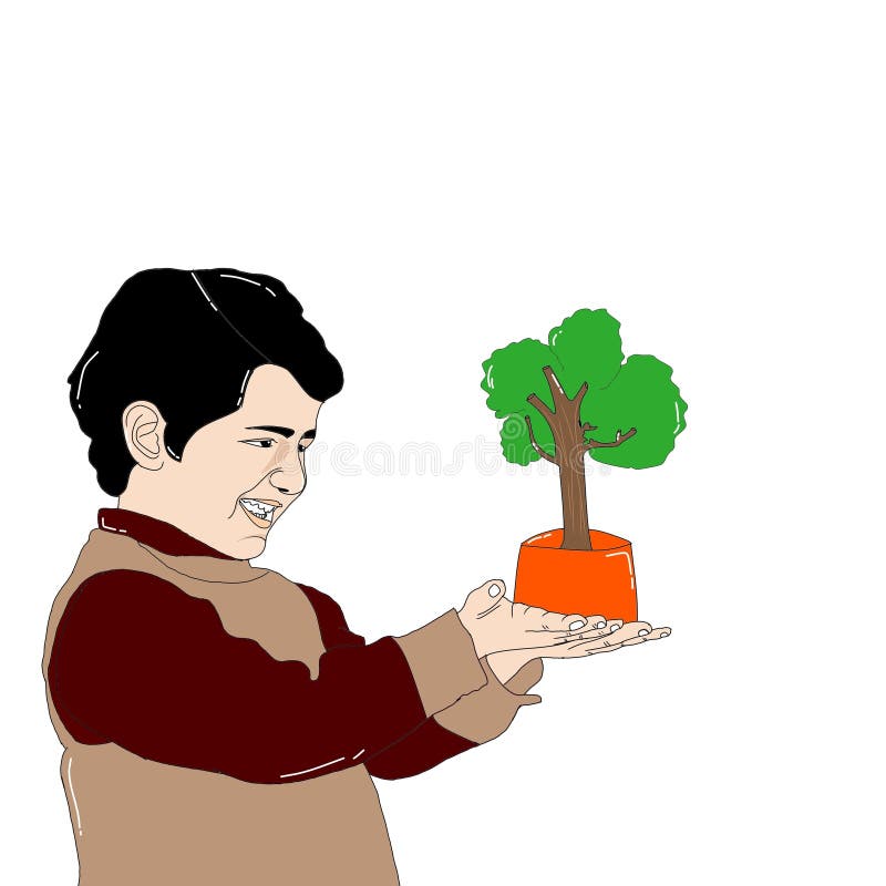 Vector Illustration of a Boy Holding a Tree in a Pot. Stock ...