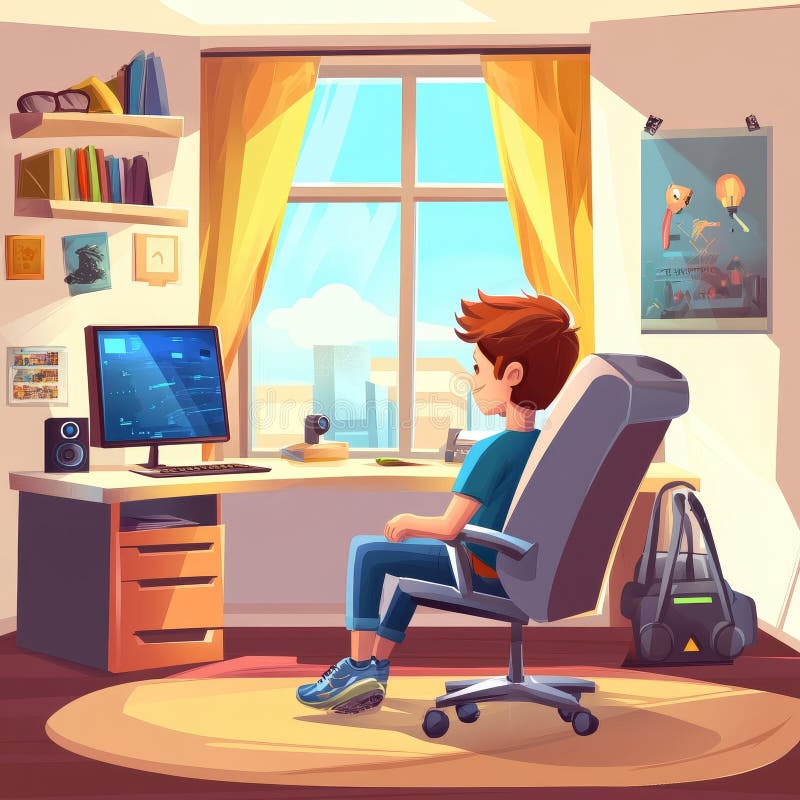 Vector Illustration of a Boy Sitting on a Chair in Front of a Computer ...