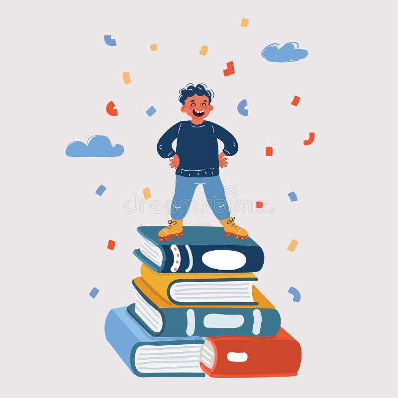 Vector Illustration of Boy Stand on Stack of Books Stock Vector ...