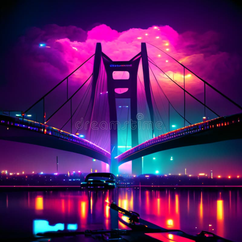 Vector Illustration of the Bridge at Night with Reflection in the Water ...