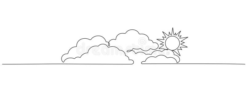 Vector Illustration of Bright Summer Sun with Clouds Drawn with One ...