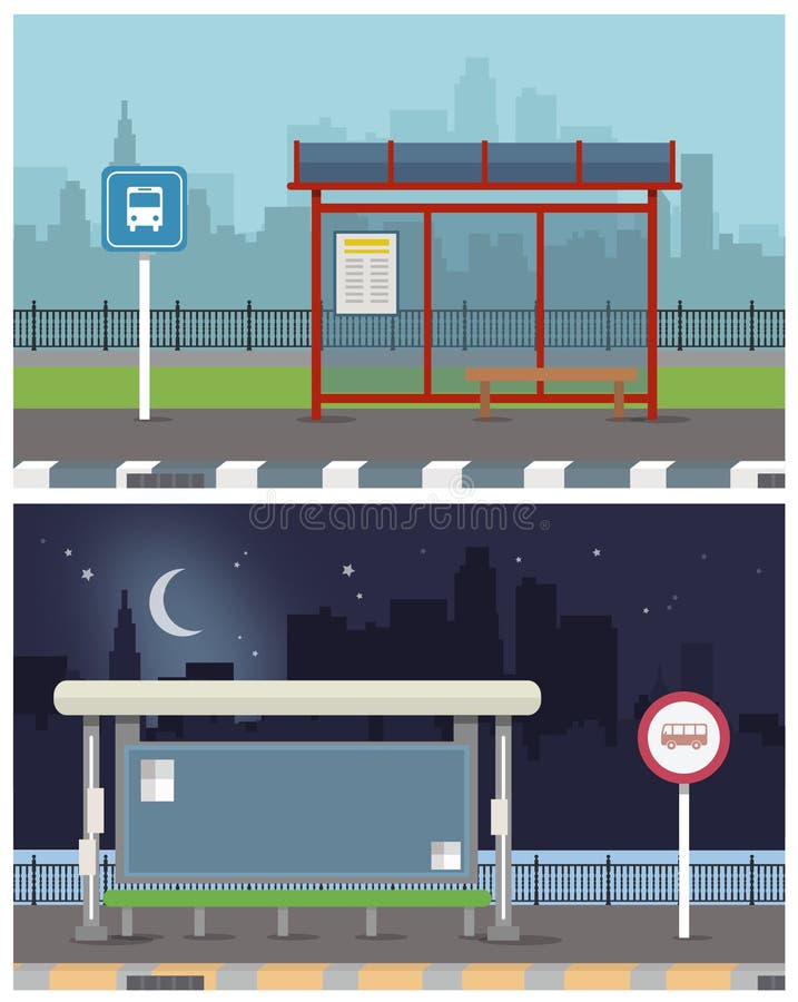 Vector Illustration of Bus Stop with City Skyline Stock Vector ...