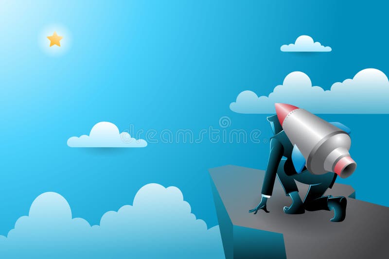 Vector Illustration of Businessman Standing on Cliff with Rocket ...