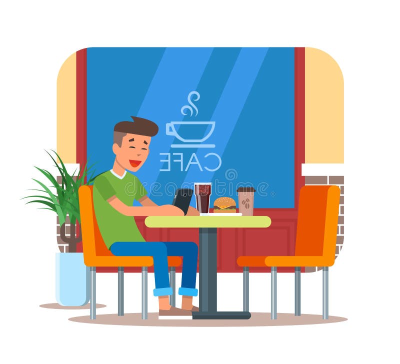 Vector Illustration of Cafe Design Element with Visitor Having Lunch ...