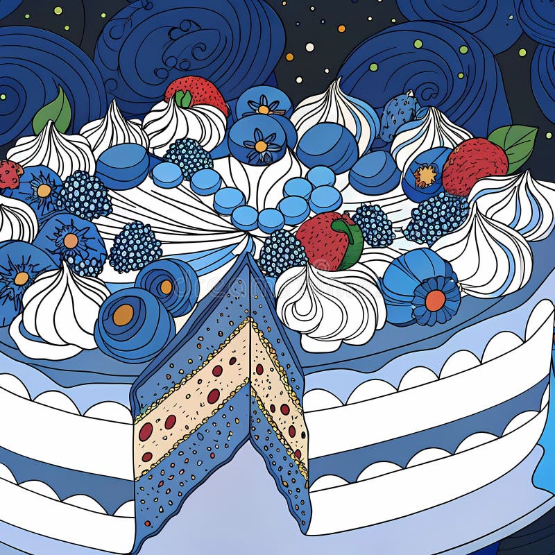 Vector Illustration of a Cake with Berries on a Blue Background. Hand ...