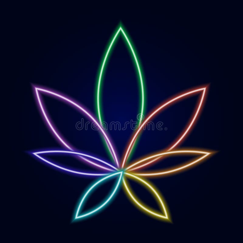 Vector Illustration, Cannabis Leaf on a Dark Blue Background in Neon ...