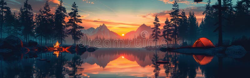 Wilderness Camping: Sunset Adventure with Campfire, Tent, and Fir Trees ...
