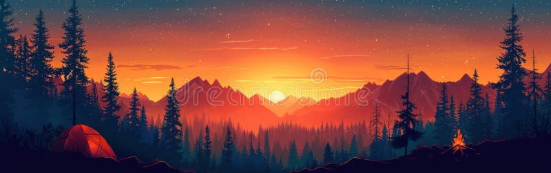 Wilderness Camping: Sunset Adventure with Campfire, Tent, and Fir Trees ...