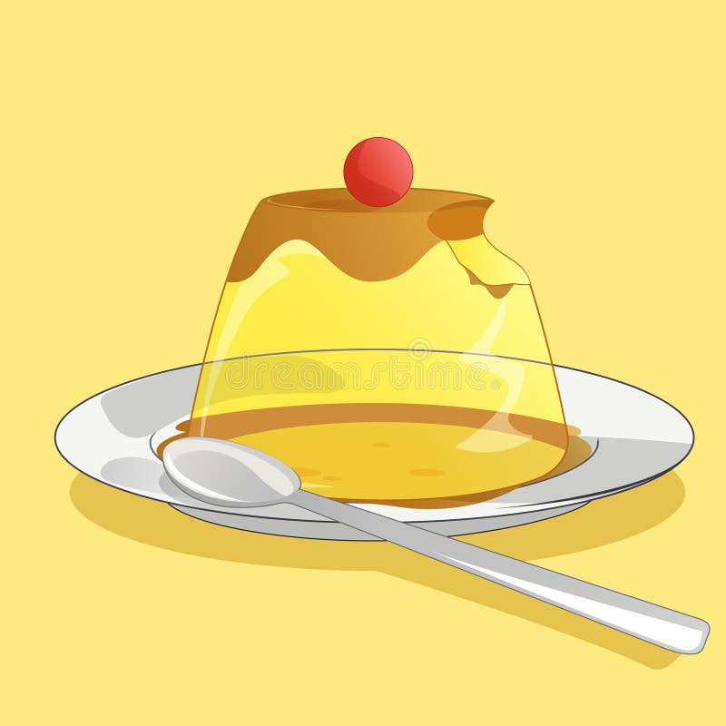 Vector Illustration of Caramel Pudding on Plate with Spoon. Sweet ...