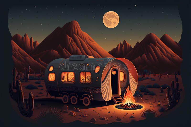 Vector Illustration of a Caravan in the Desert at Night with Full Moon ...
