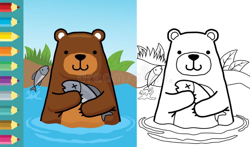 Vector Illustration of Cartoon Bear Catching Fish in River. Coloring ...