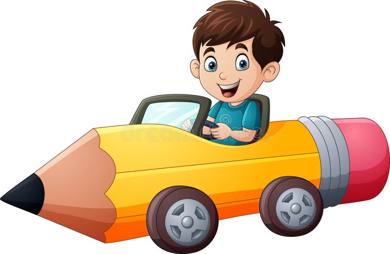 Cartoon Boy Riding a Pencil Car Stock Vector - Illustration of funny ...