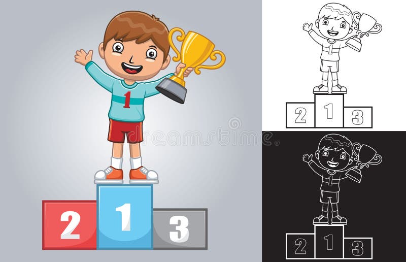 Vector Illustration of Cartoon Boy Standing on Winning Podium Holding ...