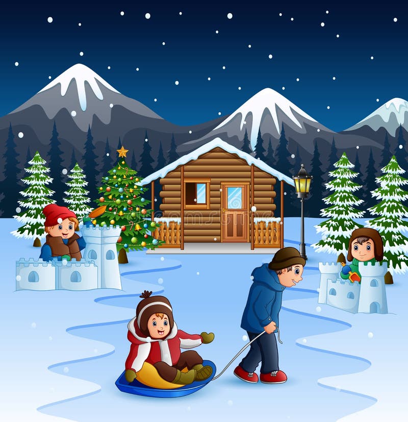 Cartoon Father Pulling a Son on a Sled Stock Vector - Illustration of ...