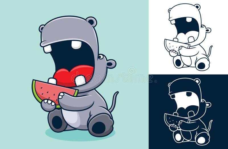 Vector Illustration of Cartoon Funny Hippo Eating Watermelon Stock ...