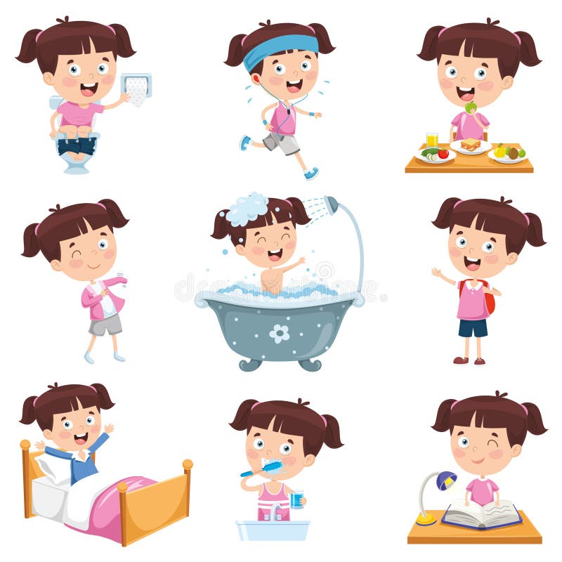 Vector Illustration of Cartoon Girl Doing Various Activities Stock ...