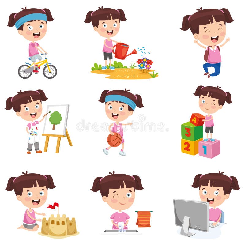 Vector Illustration of Cartoon Girl Doing Various Activities Stock ...