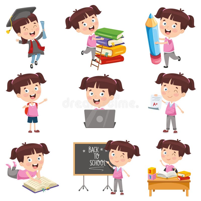 Vector Illustration of Cartoon Girl Doing Various Activities Stock ...
