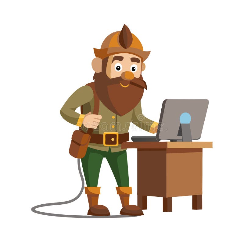 Cartoon Gnome Working on Computer at Desk - Vector Illustration Stock ...