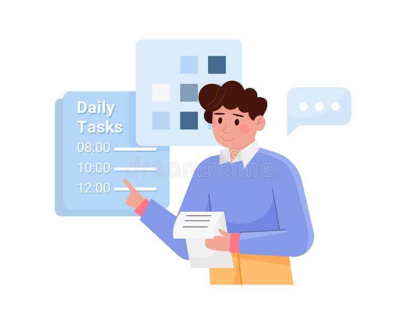 Vector Illustration of Cartoon Guy Schedules daily Work Tasks According ...
