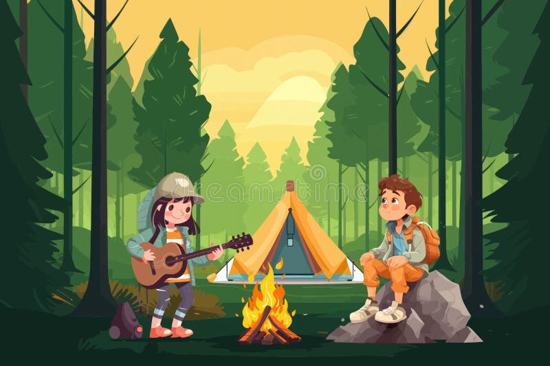 Vector Illustration of Cartoon Kids Summer Camp Stock Illustration ...