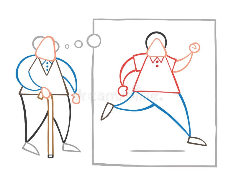 Vector Cartoon Old Man Walking With Wooden Walking Stick And Dreaming