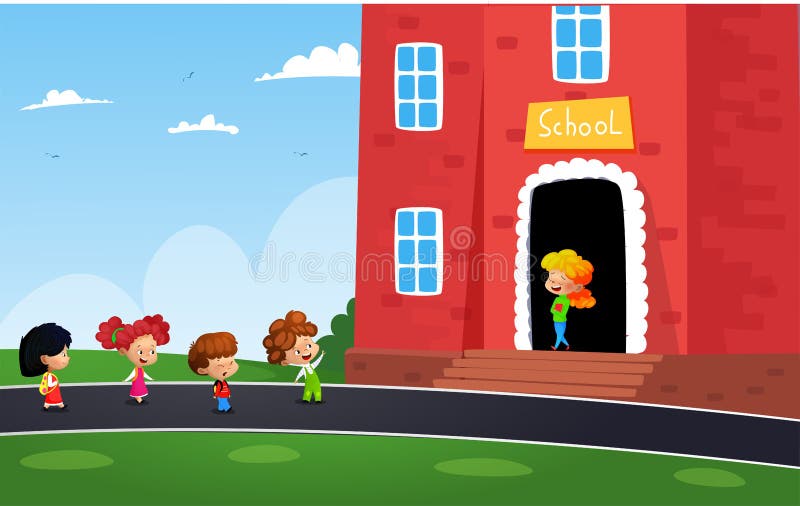 Happy School Children Playing In Front Of School Building Stock Vector ...