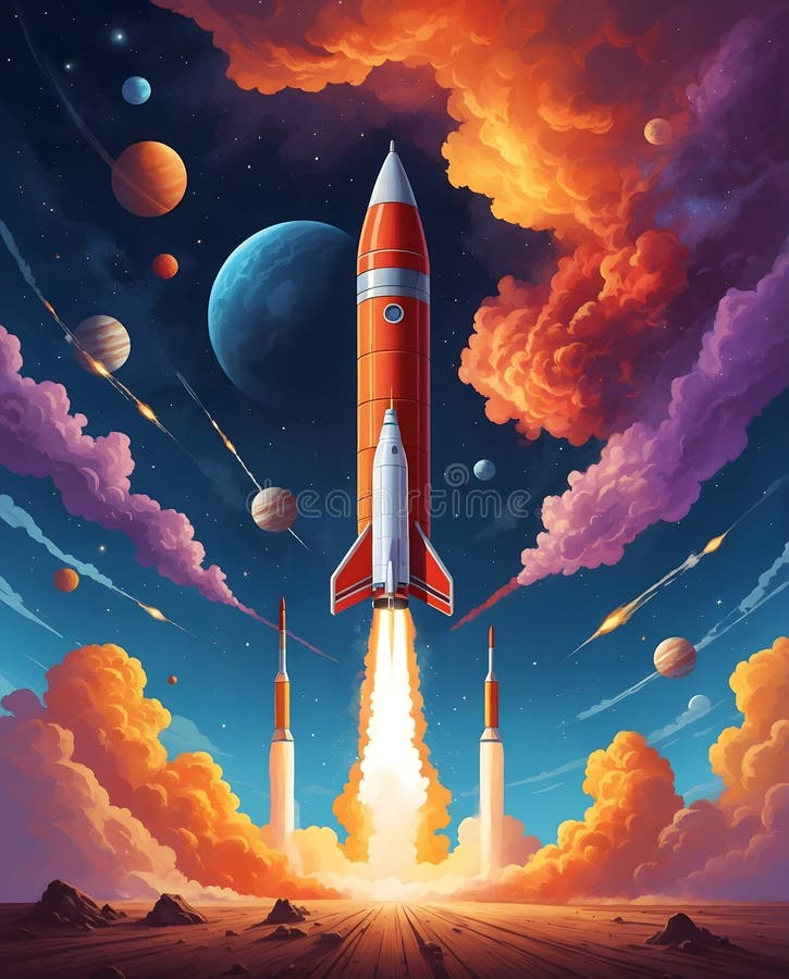 Vector Illustration of Cartoon Style Rockets Taking Off in the Space AI ...