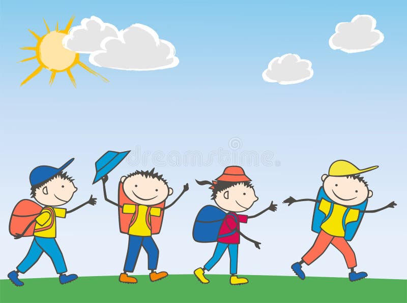 Vector Illustration of Cartoon Tourists Going Hiking on Summer Day ...
