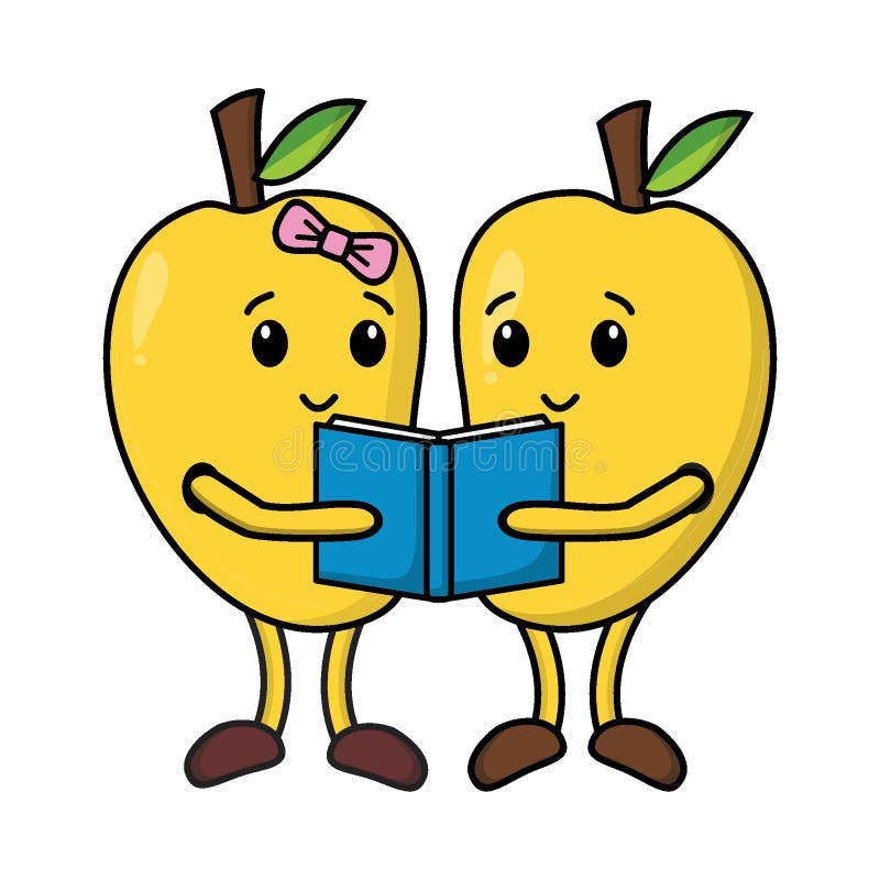 Vector Illustration Cartoon Yellow Mango Couple Reading Book Stock