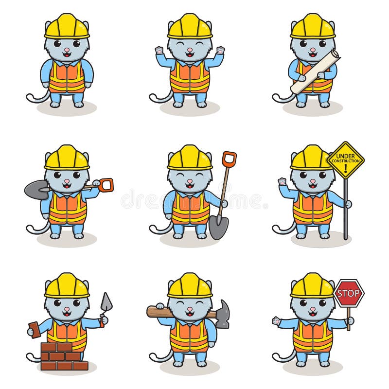 Vector Illustration of Cat Character at Construction Site Stock ...