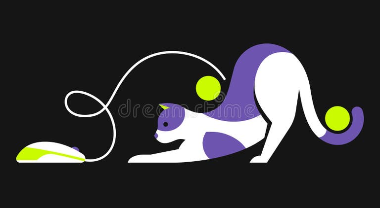 Vector Illustration of a Cat Playing with Computer Mouse and Balls ...