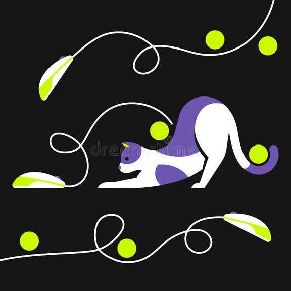 Vector Illustration of a Cat Playing with Computer Mouse and Balls ...