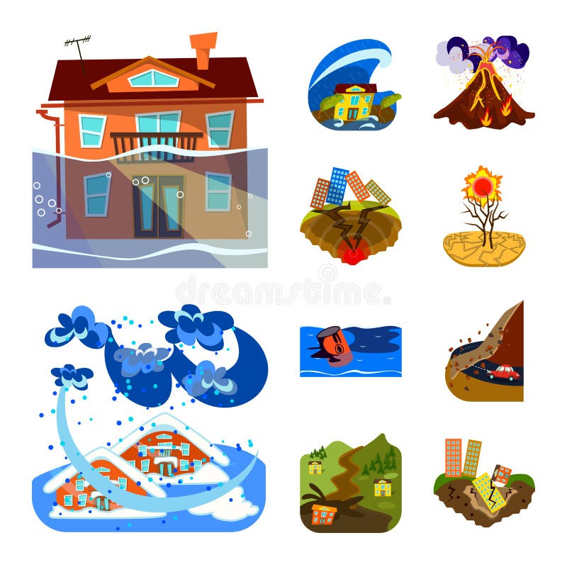 Vector Illustration of Cataclysm and Disaster Sign. Set of Cataclysm ...