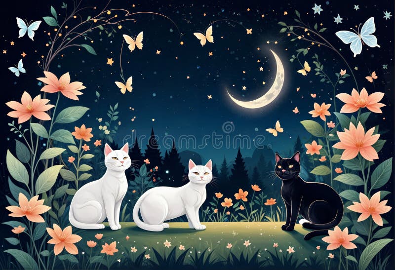 A Vector Illustration of Cats and a Moon in the Sky on a Whimsical ...
