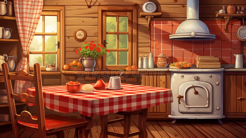 Vector Illustration of a Charming Country Kitchen with a Laid Table ...